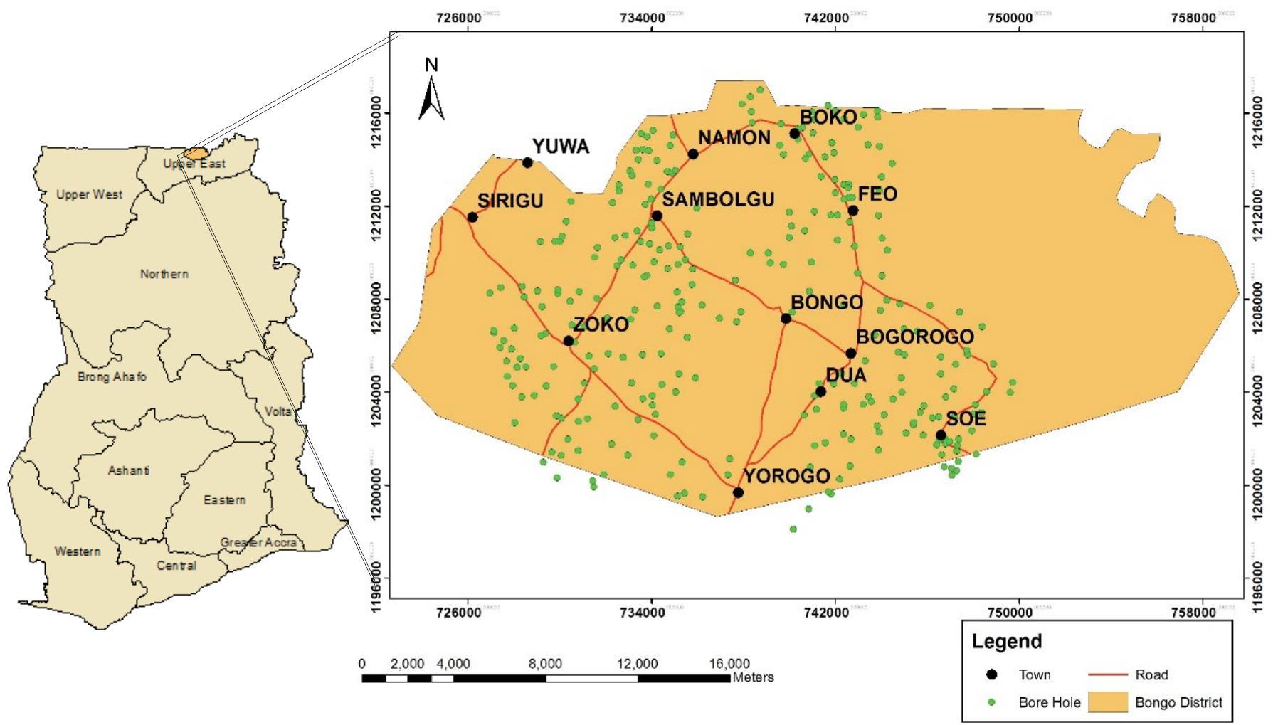 Map of the bongo district with towns and borehole locations