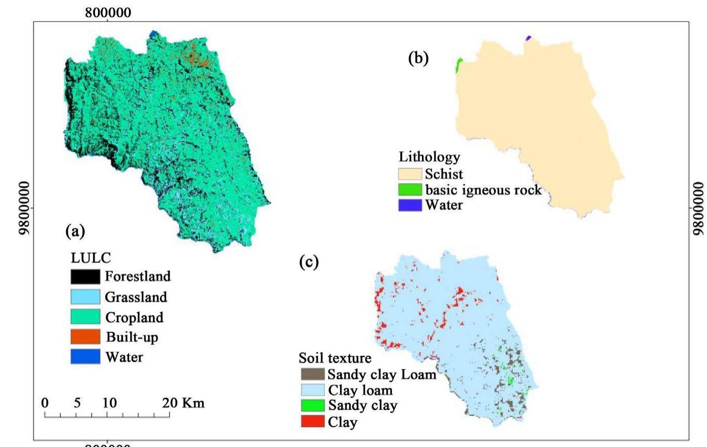 Land use and land cover (a), lithology (b) and soil texture