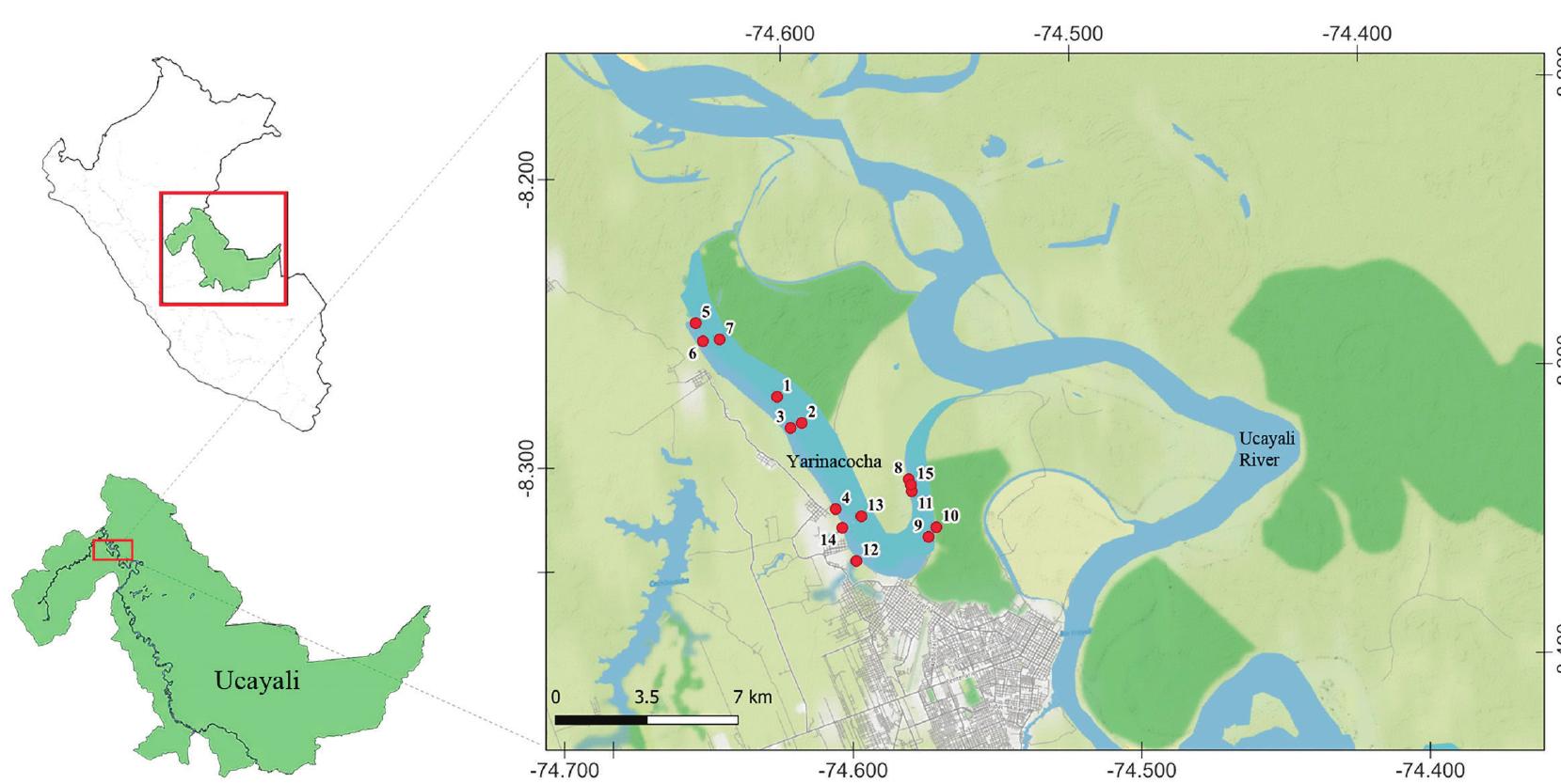 Map of yarinacocha lake, ucayali, peru showing each