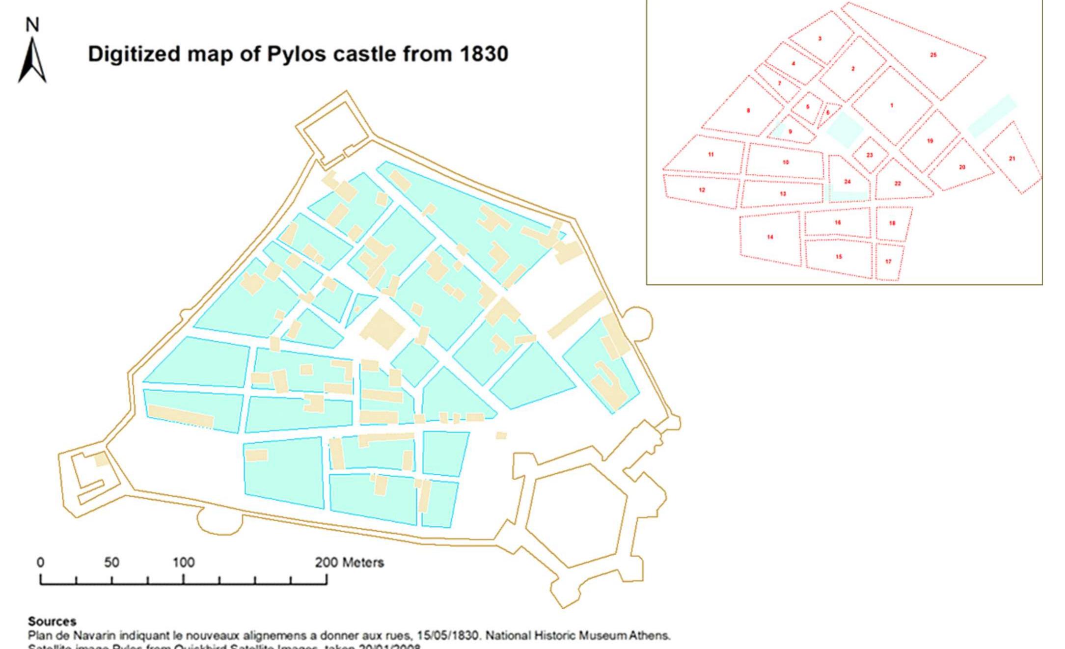 Digitized map of pylos castle from 1830. blue polygons