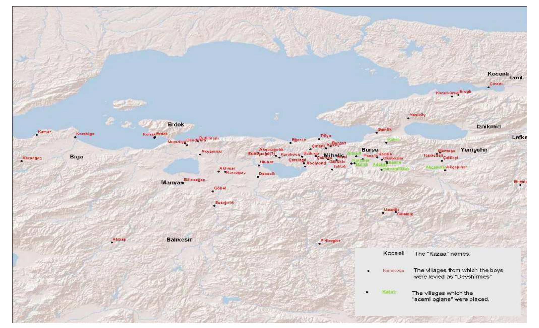 Map of the cities and villages around bursa from which the
