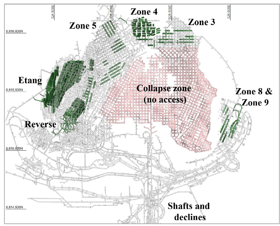 Plan view of the kto mine with as-builts (grey), collapse