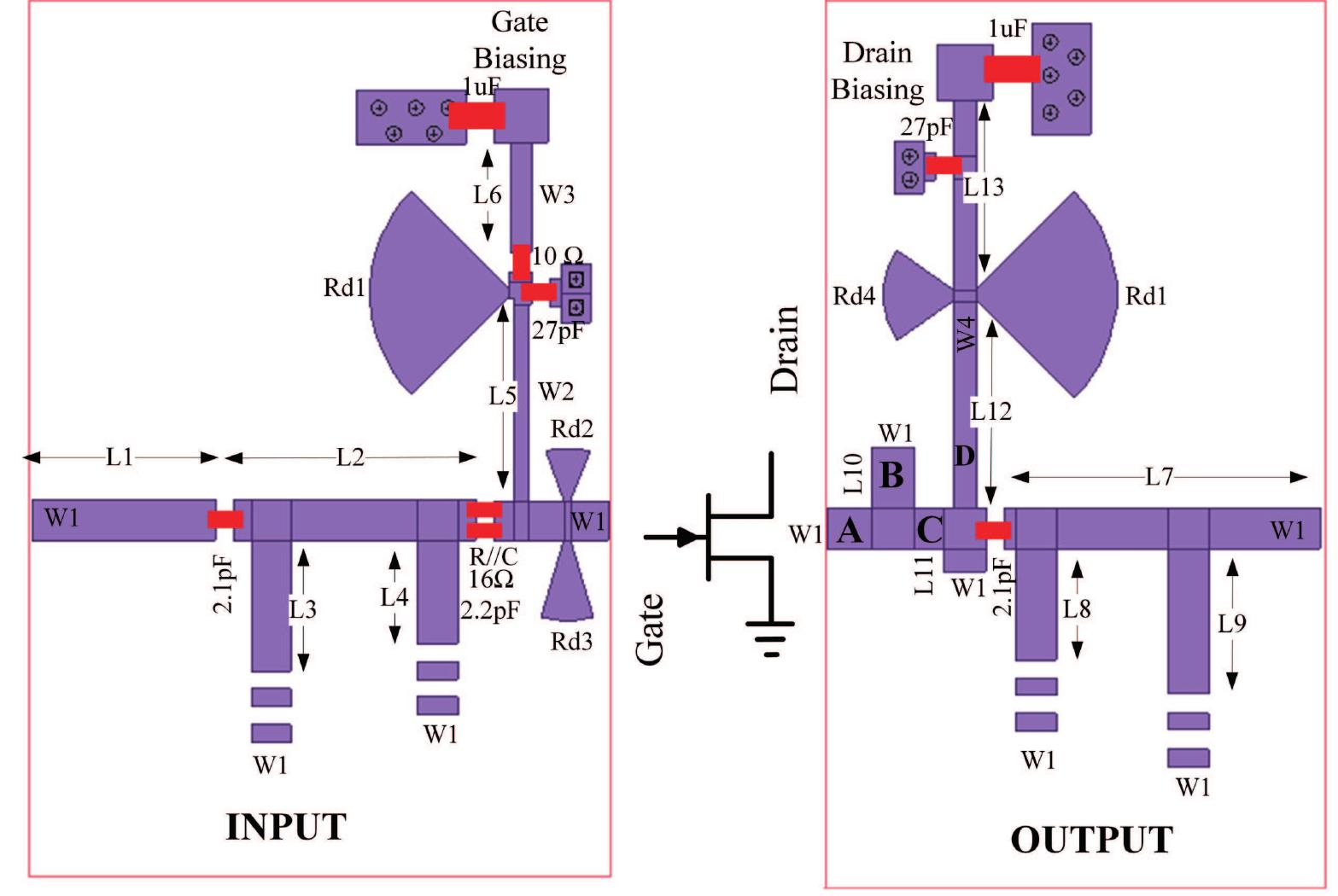 Detailed layout of the designed input and output circuits.