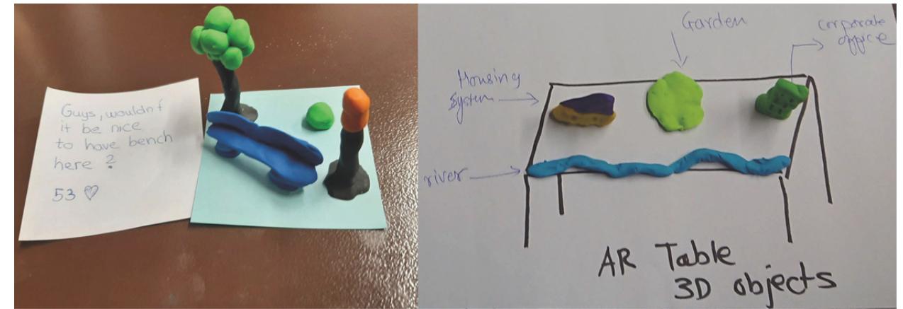 Left: low-fi prototype for object placement and social media