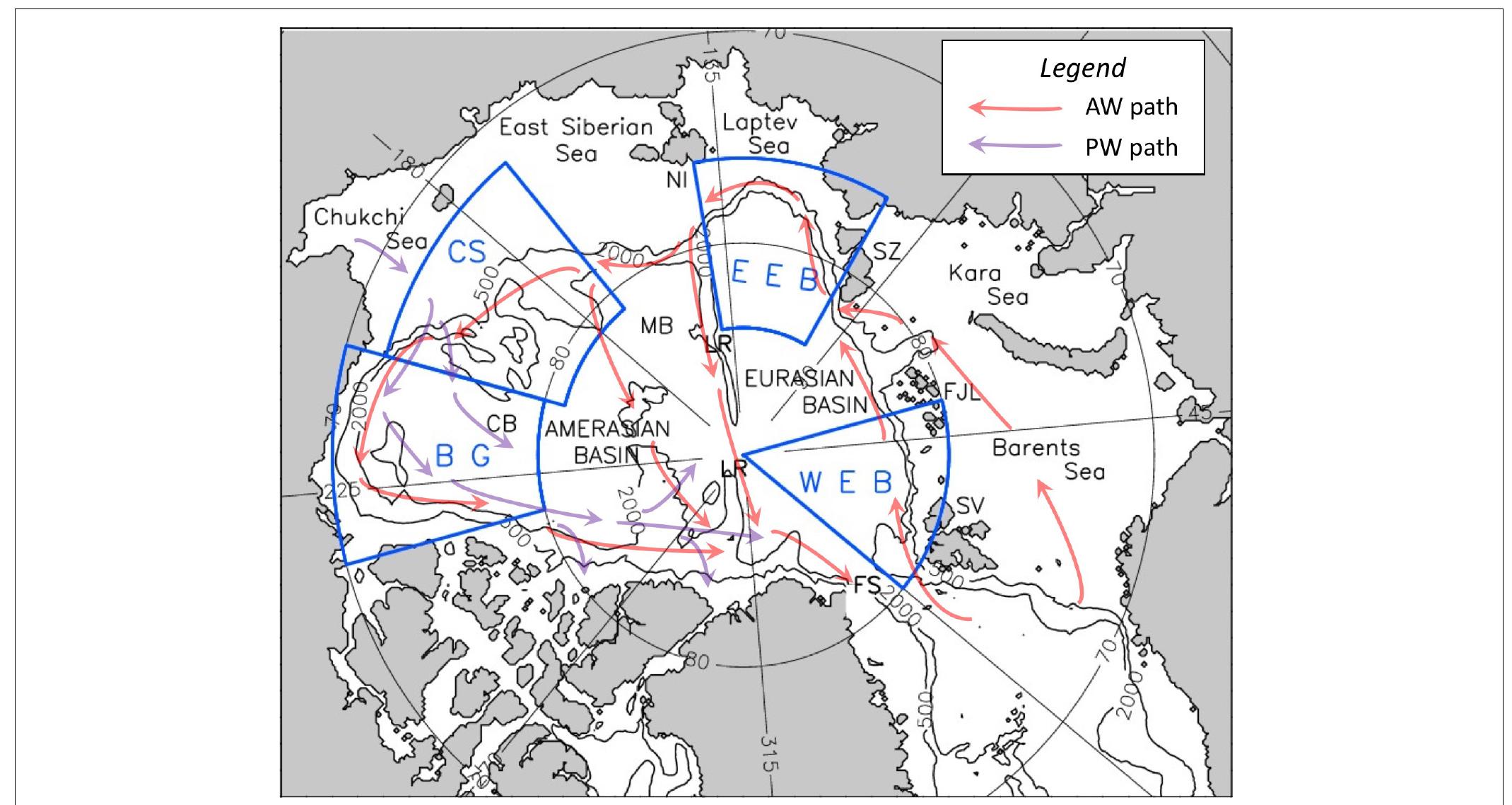 | arctic ocean map with identified regions. eastern eurasian