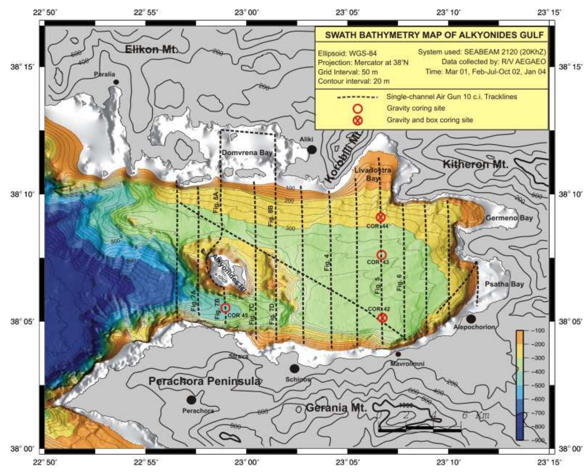 Swath bathymetry map of the gulf of alkyonides. seismic