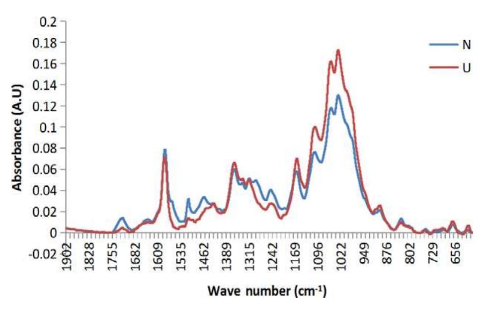 —averaged atr-ftir spectra of pen n ink (blue line) and the