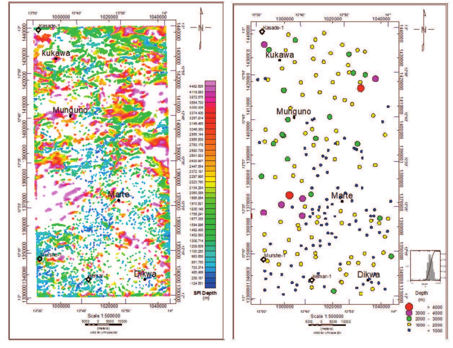 (a) spi depth to source map (b) euler depth to source at s.i