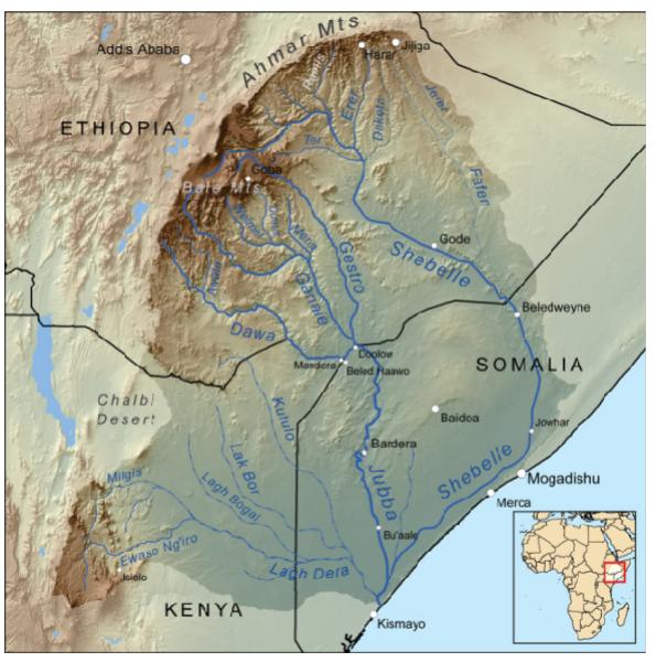 Map showing the juba and shabelle river basins in the horn