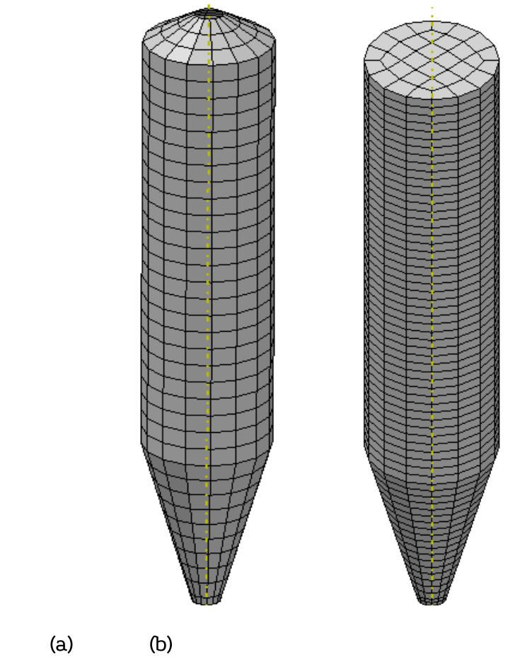 Modeling of the silo wall (a) and the granular material (b)
