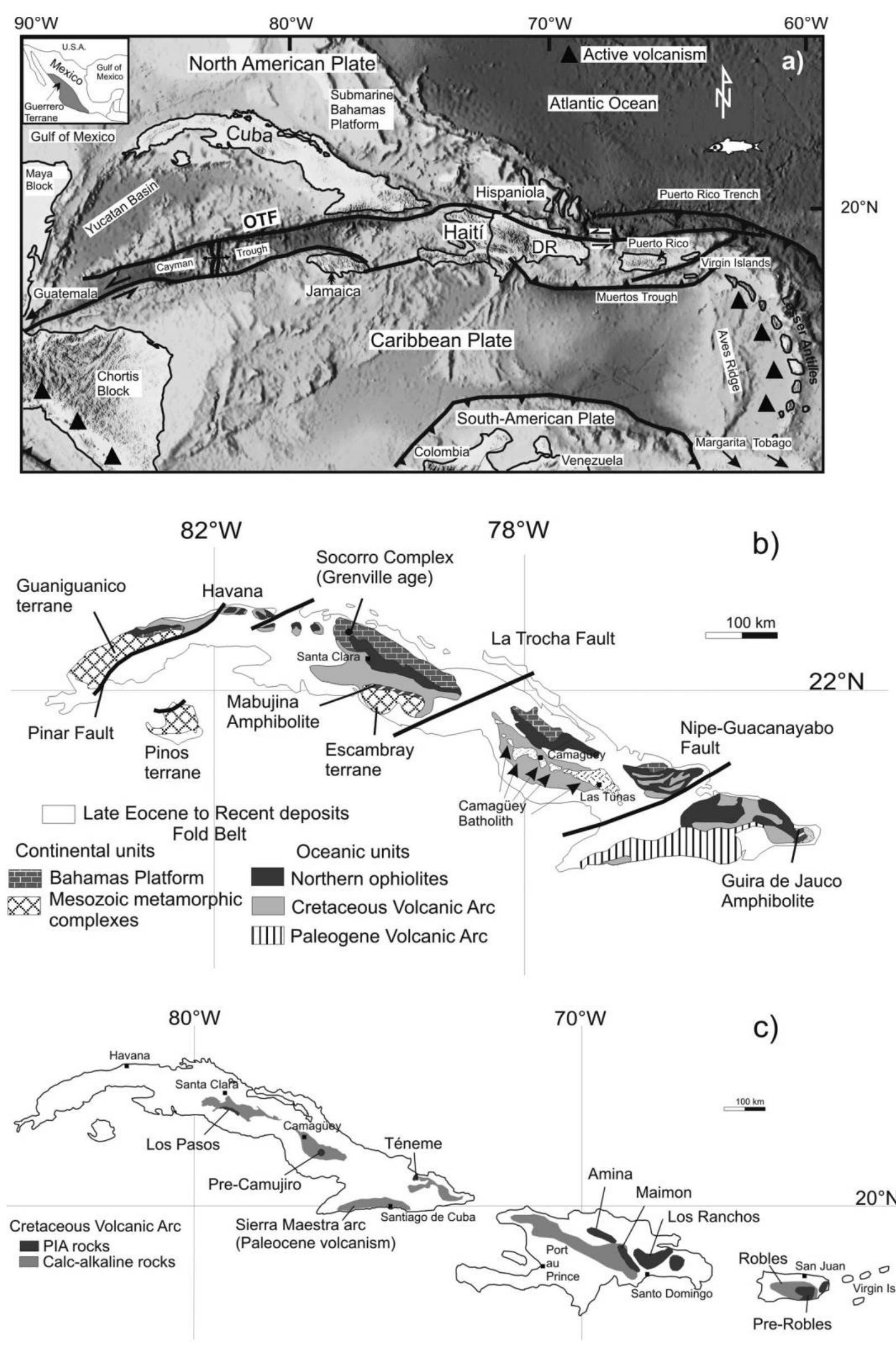 A, tectonic map of the caribbean showing the position of
