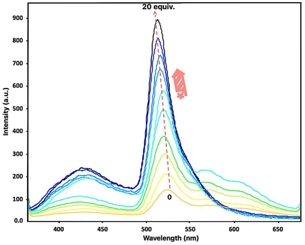 The fluorescence spectra of p5-bodipy (1 \!m) in presence of