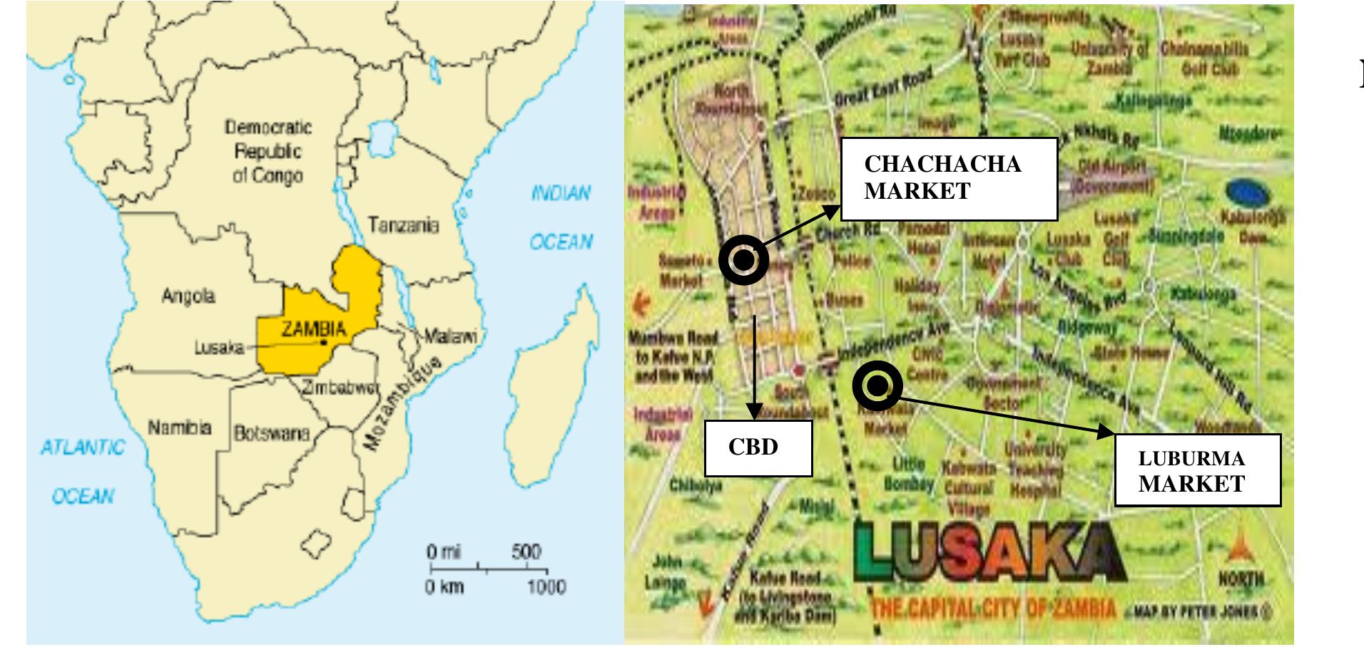 Map of africa showing the location of zambia and lusaka