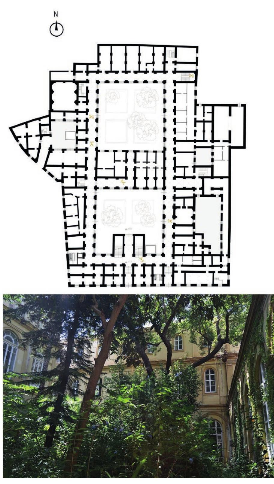 | a) plan and photos of the monumental hospital gesu e