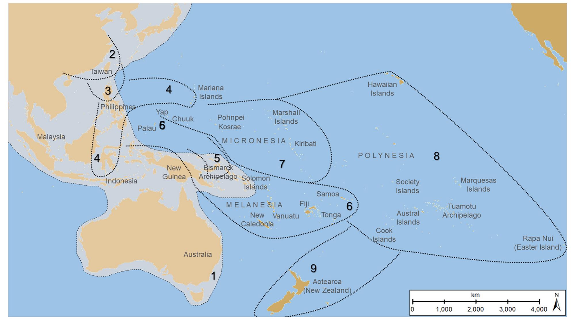 Depiction of the peopling of oceania, shown in terms of an