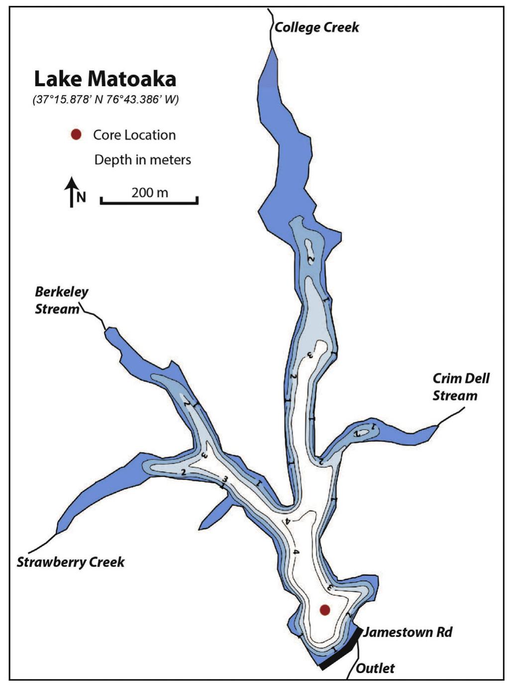 Bathymetric map of lake matoaka showing the location of core