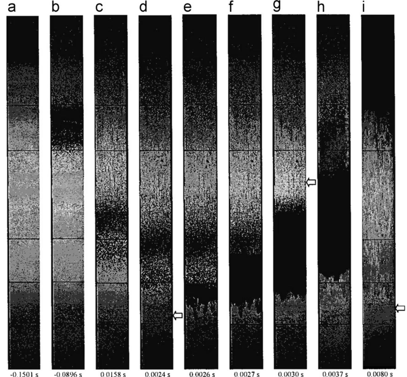 Sequence of shadowgraph photos showing the interaction of a