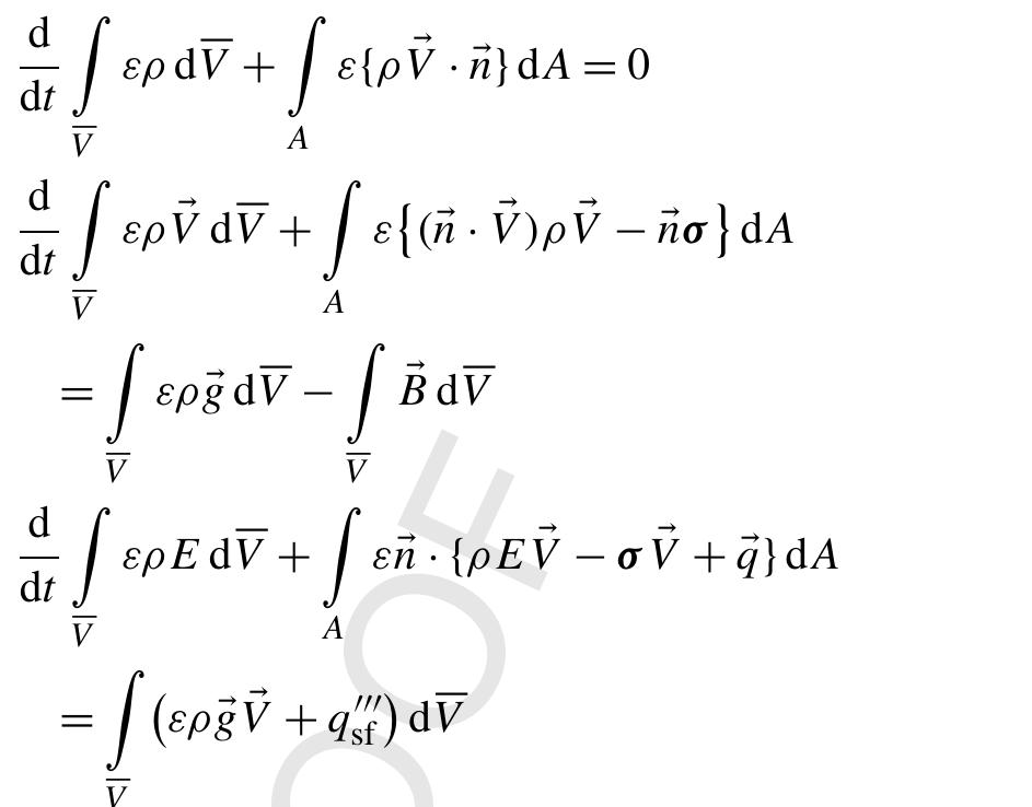 Fluid. the conservation equations in integral form for mass,