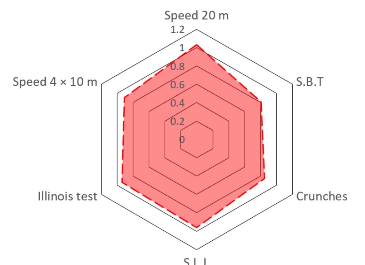 Graphical representation of effect size values for the six