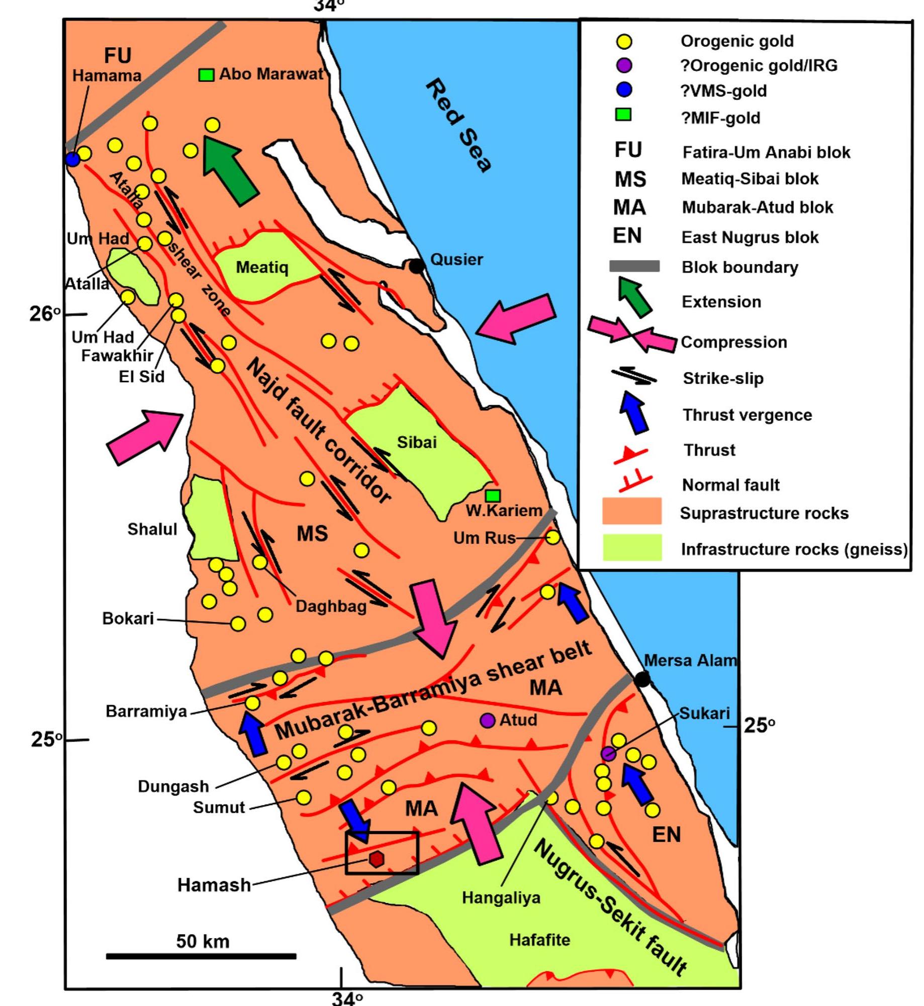 Geologic map showing the major tectonic structure relation