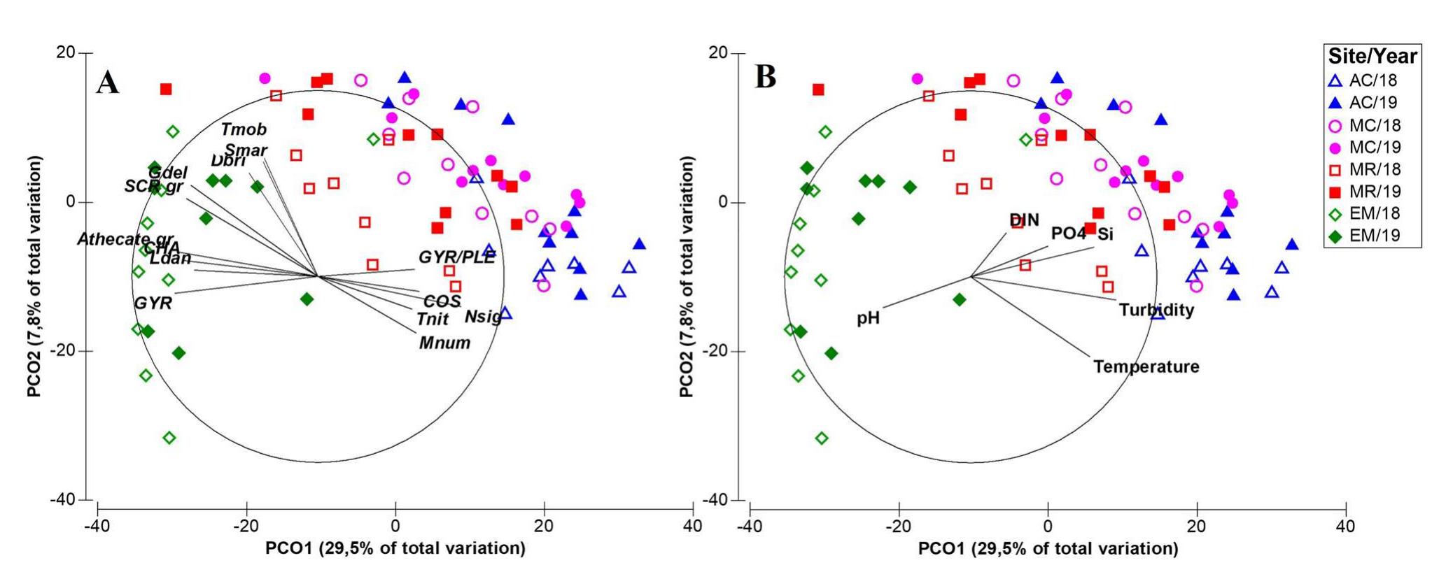 Principal coordinates analysis (pco) plots of the abundance