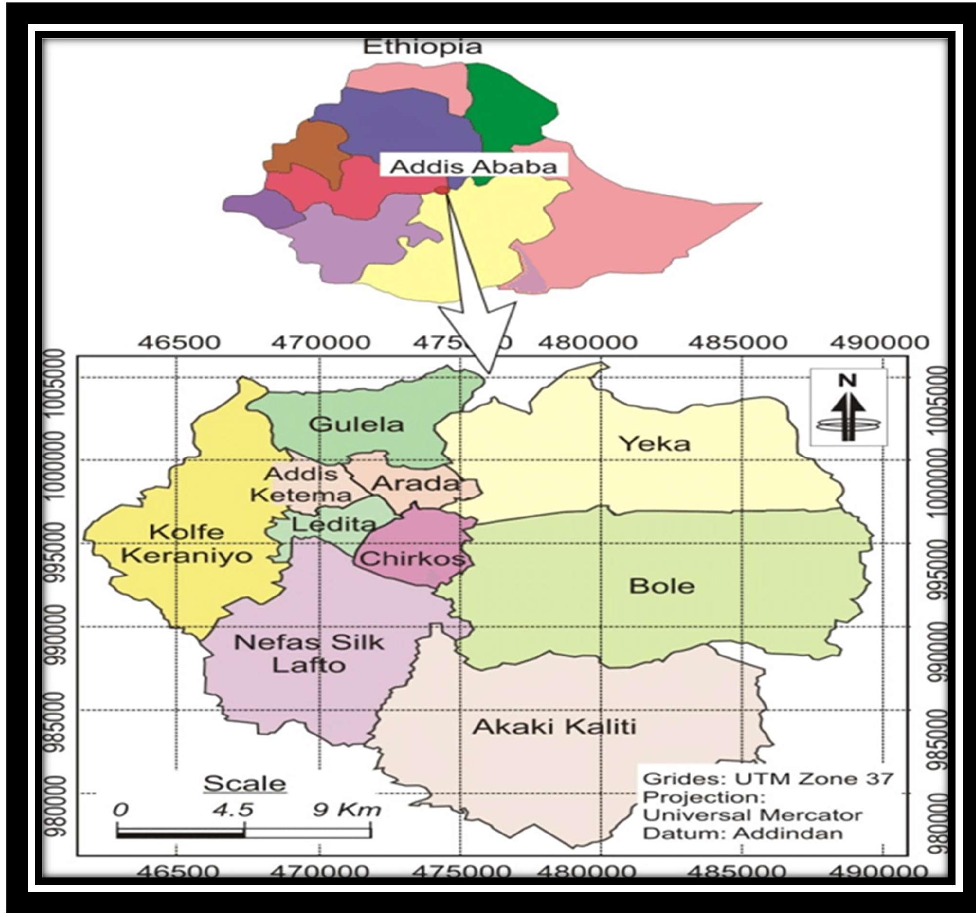 Map of addis ababa city administration. source:- universal