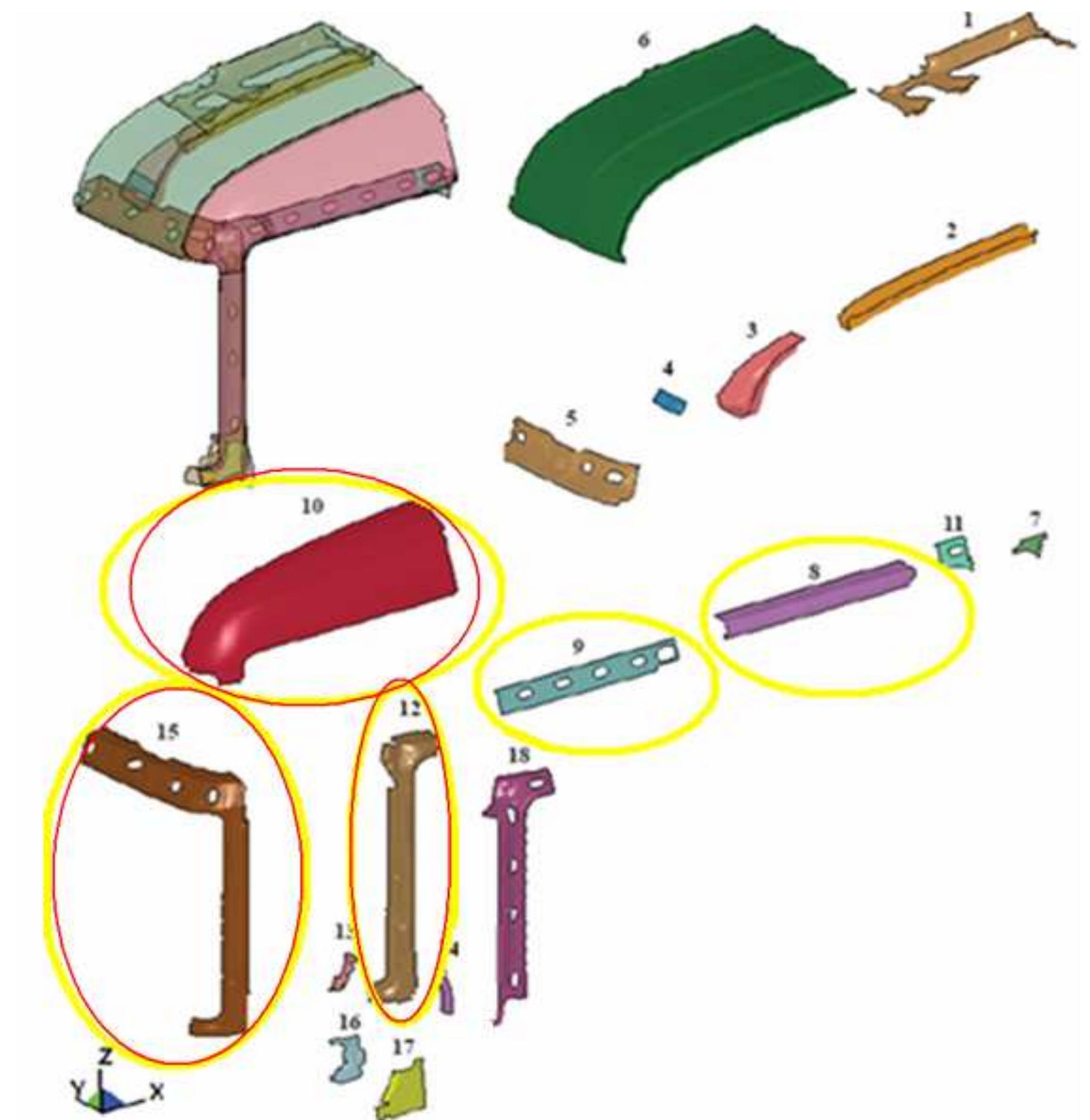 3 explode view of the submodel with the parts shown to have