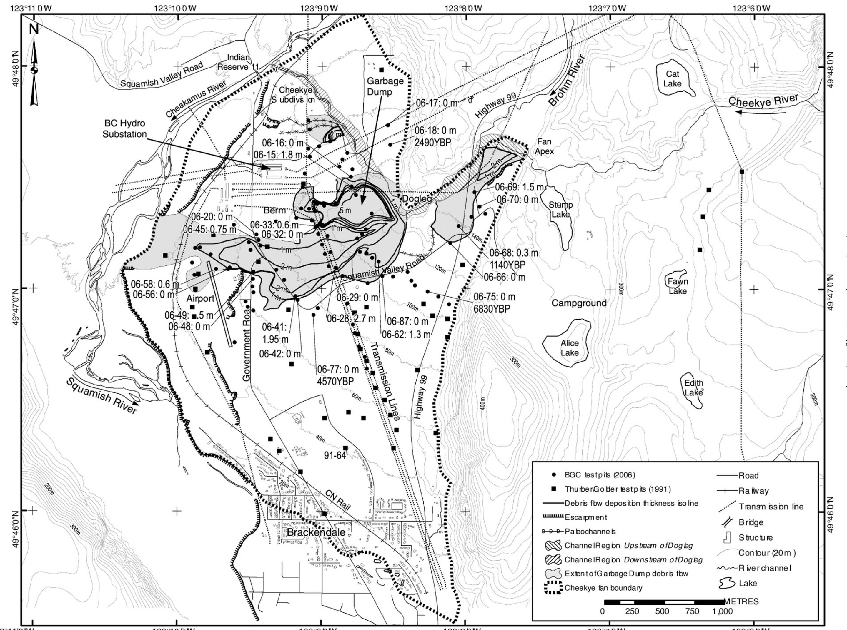 The garbage dump debris flow and location of test pits on
