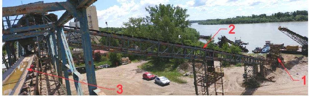 System of three belt conveyors: inclined mobile conveyor