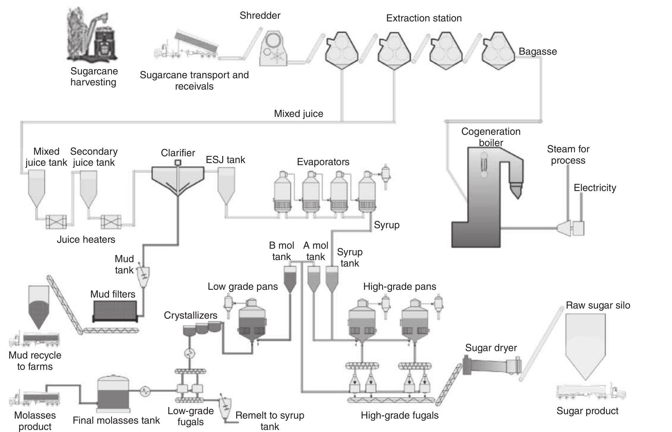 2 typical schematic of the raw sugar production process.