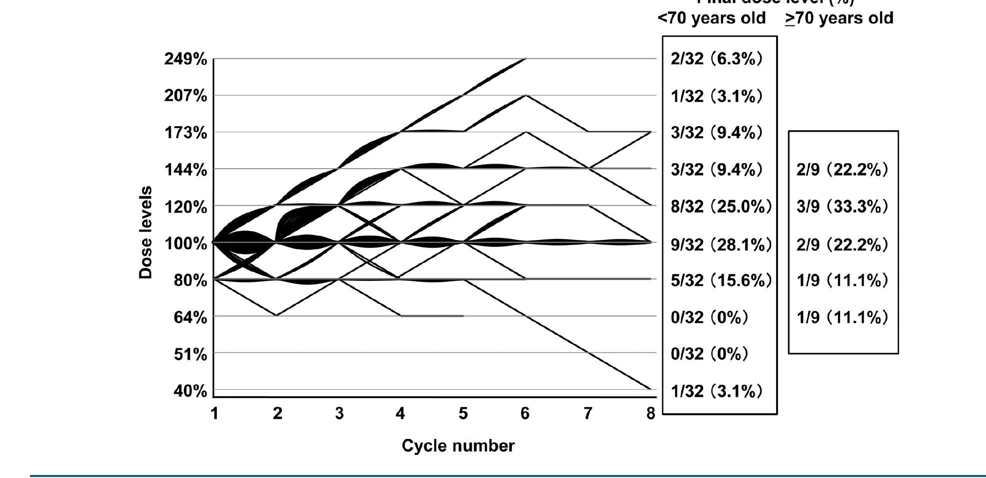 Map of dose levels achieved, according to cycle. patients