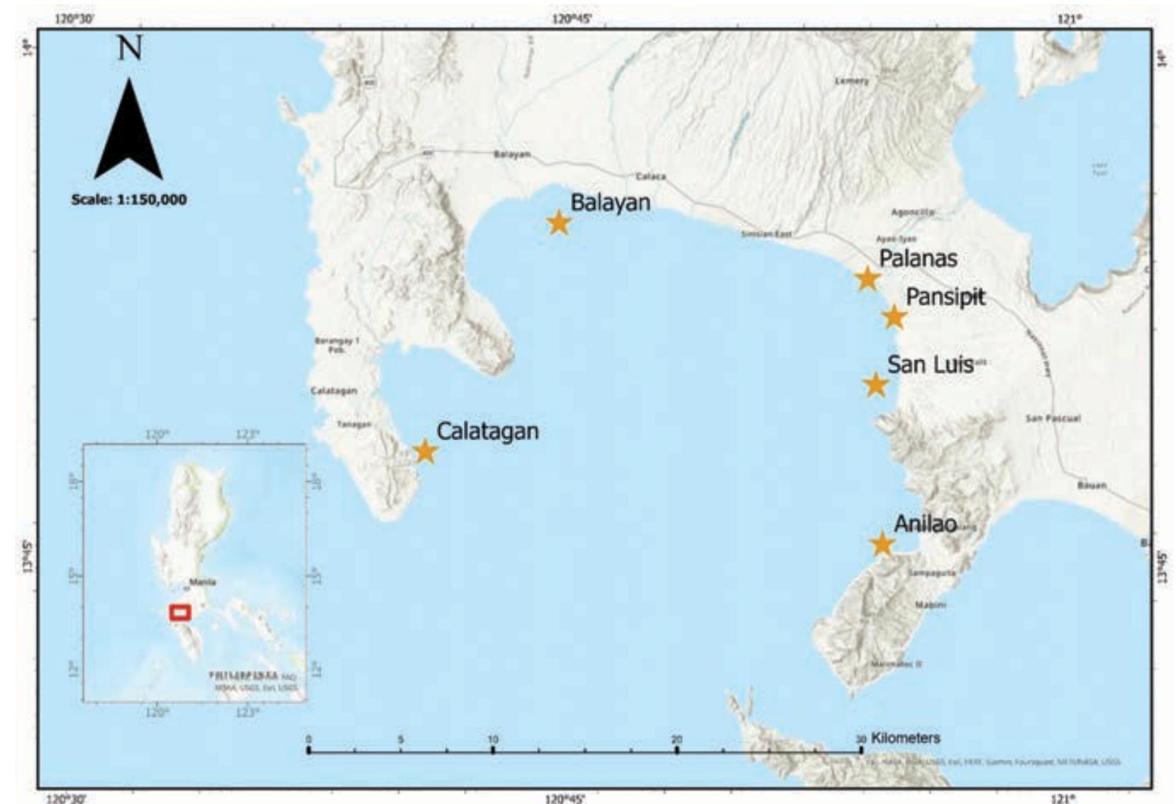Map of balayan bay, batangas, indicating the location of the