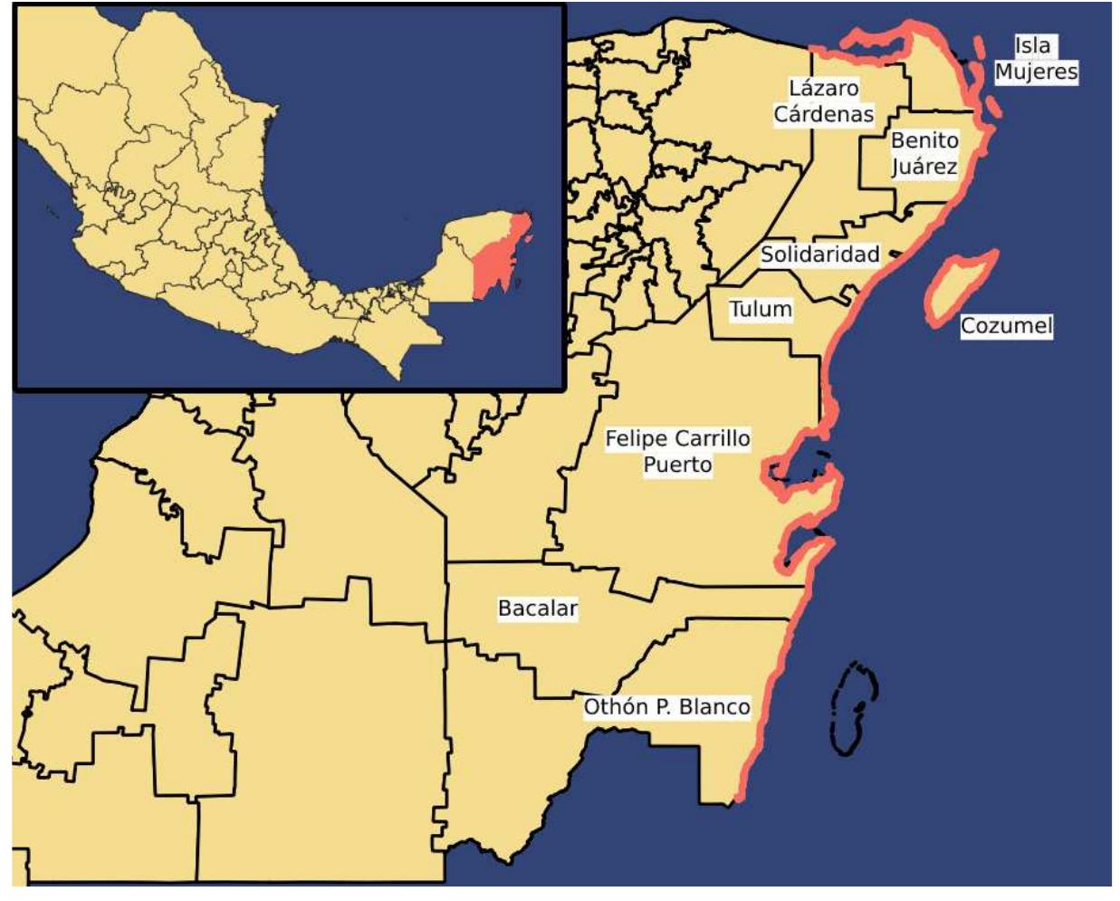 Map of quintana roo and its coastal municipalities since