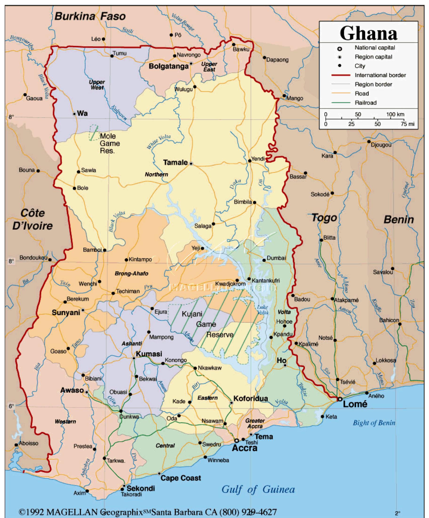 A map of ghana showing its neighbours: burkina faso, the