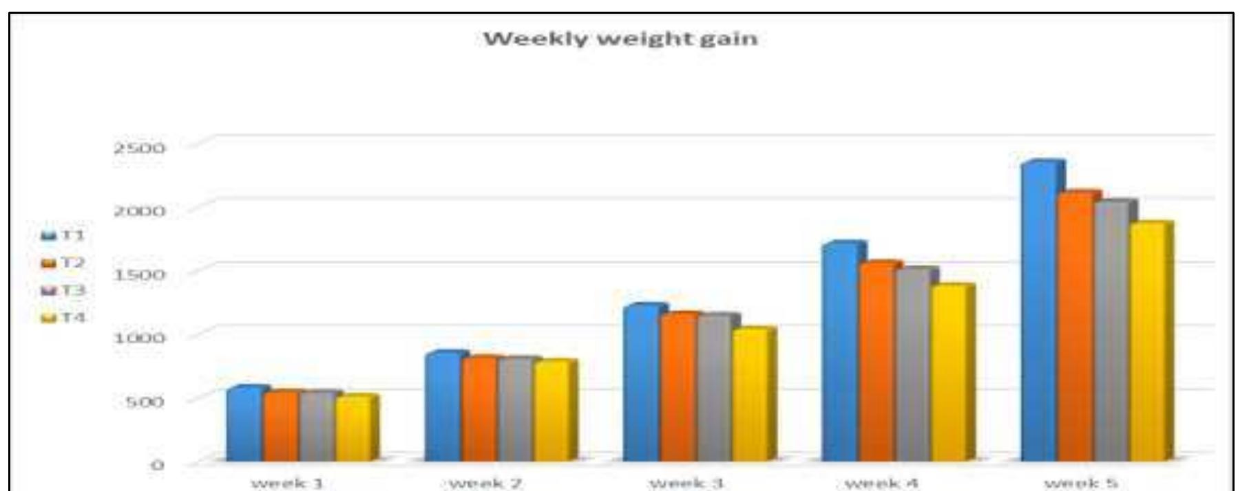 Graphical presentation of the weekly weight gain for the