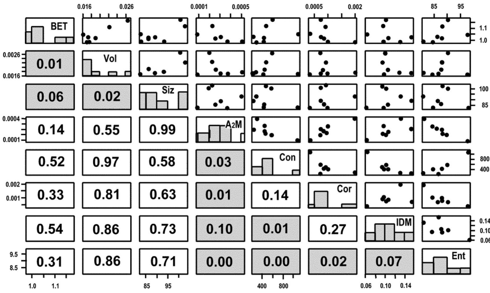 Pearson correlation coefficient matrix for the surface area