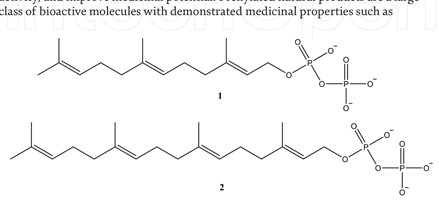 A > as structures of 1 (farnesyl diphosphate, fpp) and 2