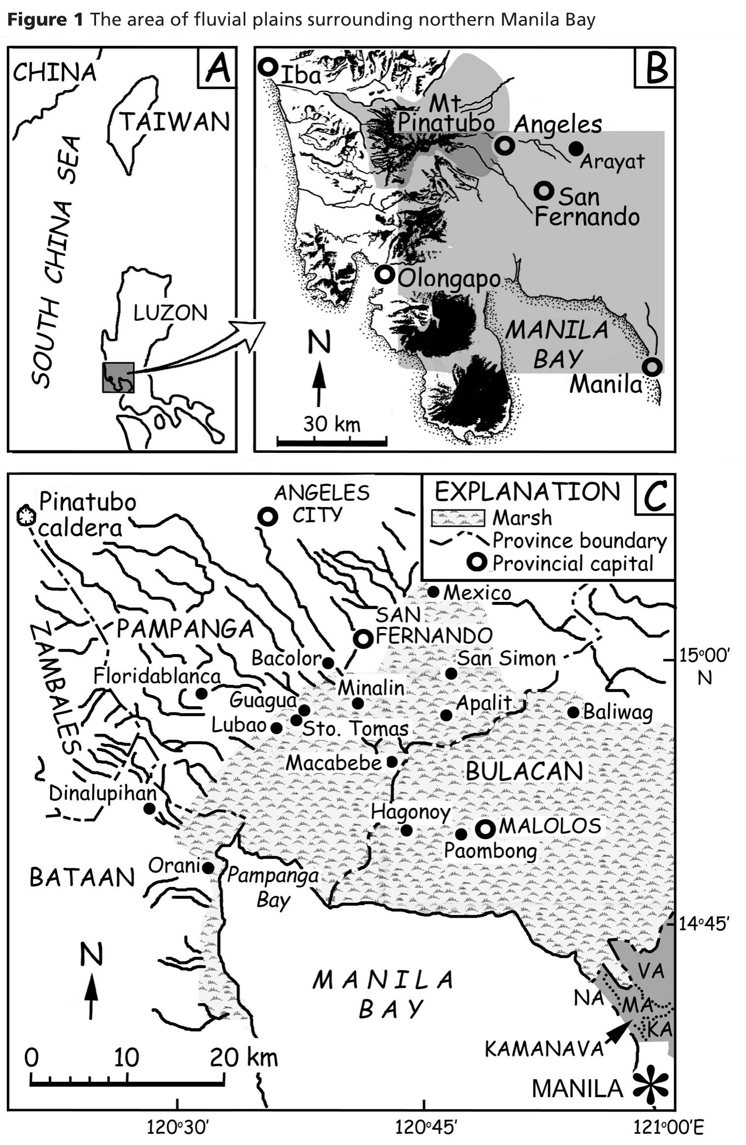 Notes: a and b = geographic setting; c = detailed map of the