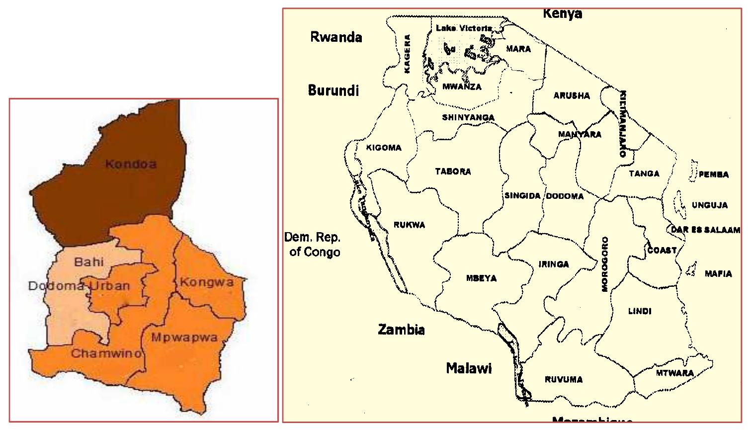 A map of tanzania and a sectional map of dodoma region