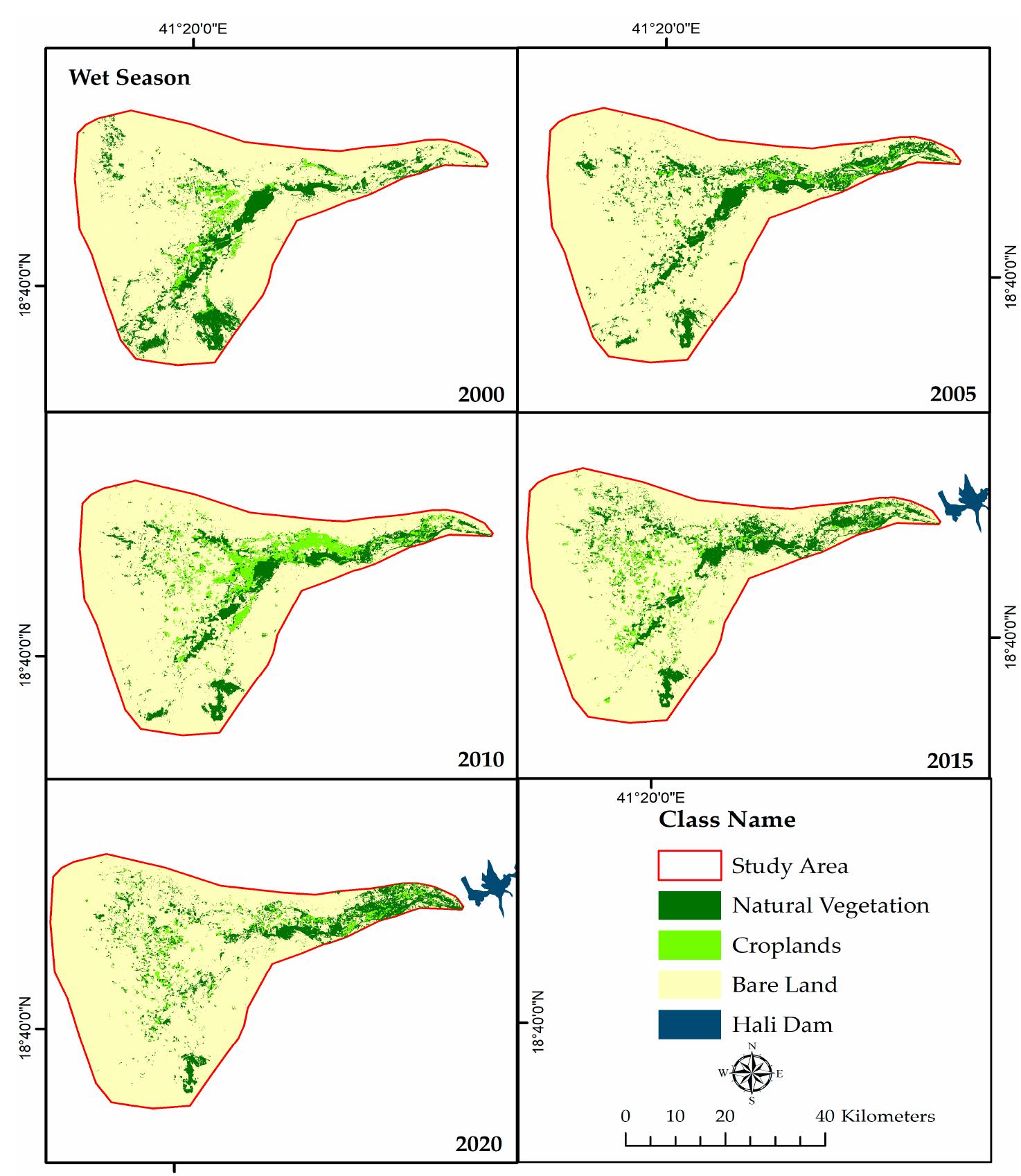 The vegetation areas’ classification maps for the years