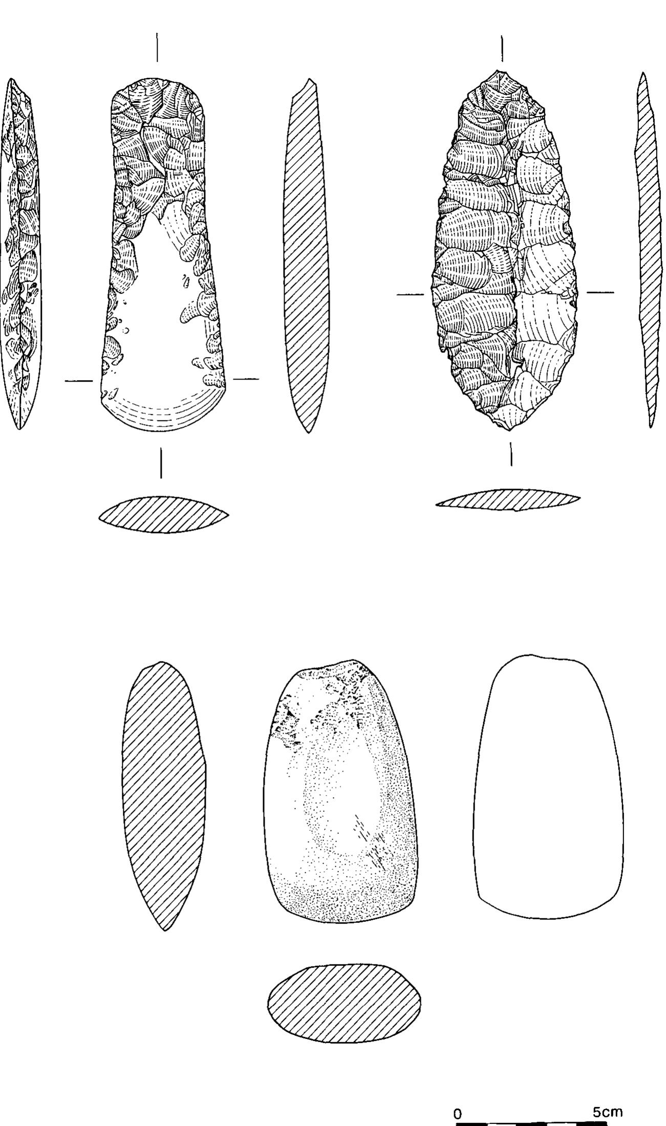 Llus 27 flint knife, flint axe and stone axe from cairn 2.