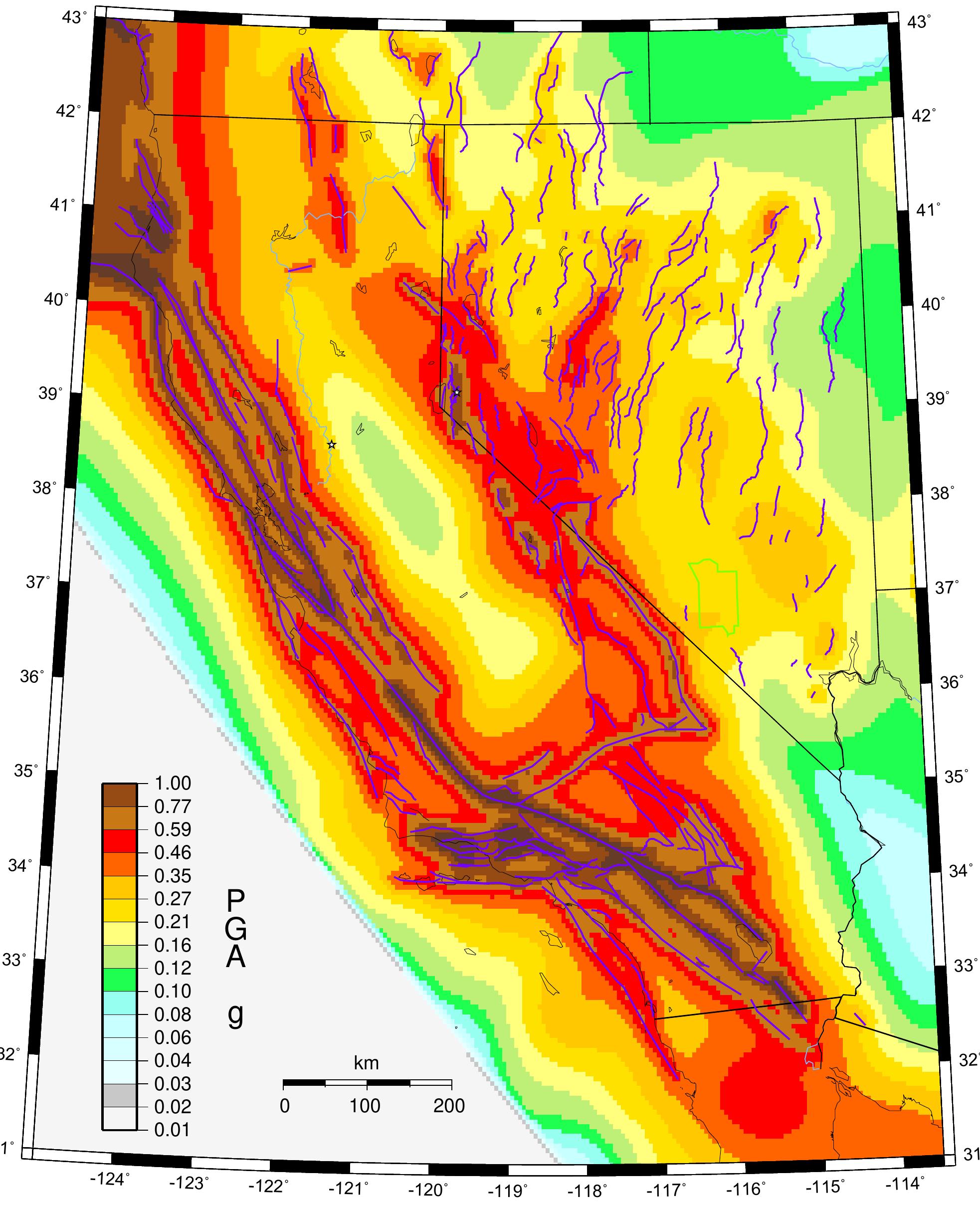 The 2008 national seismic hazard map showing peak ground