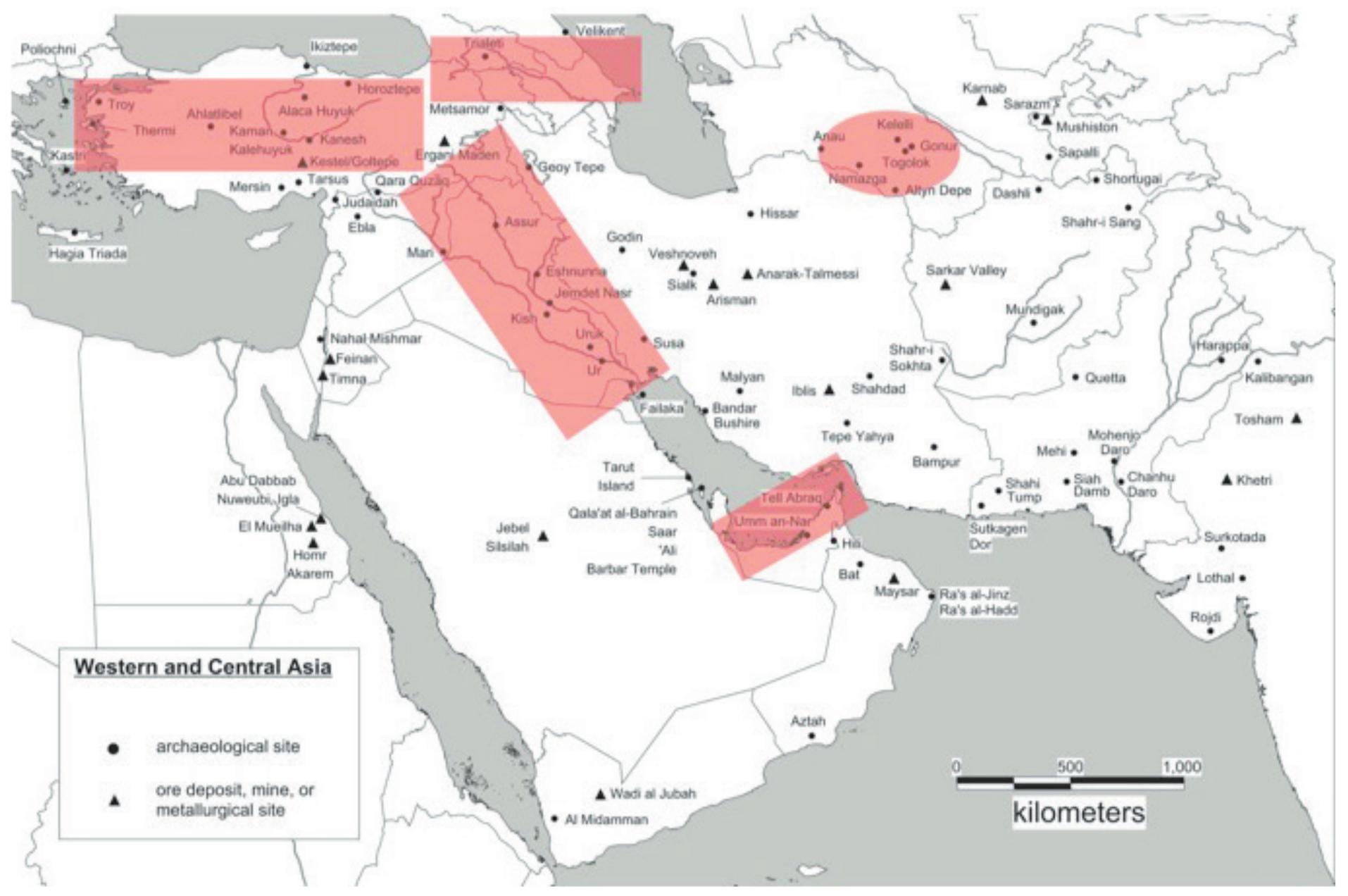 Map of southwestern and central asian regions where earliest