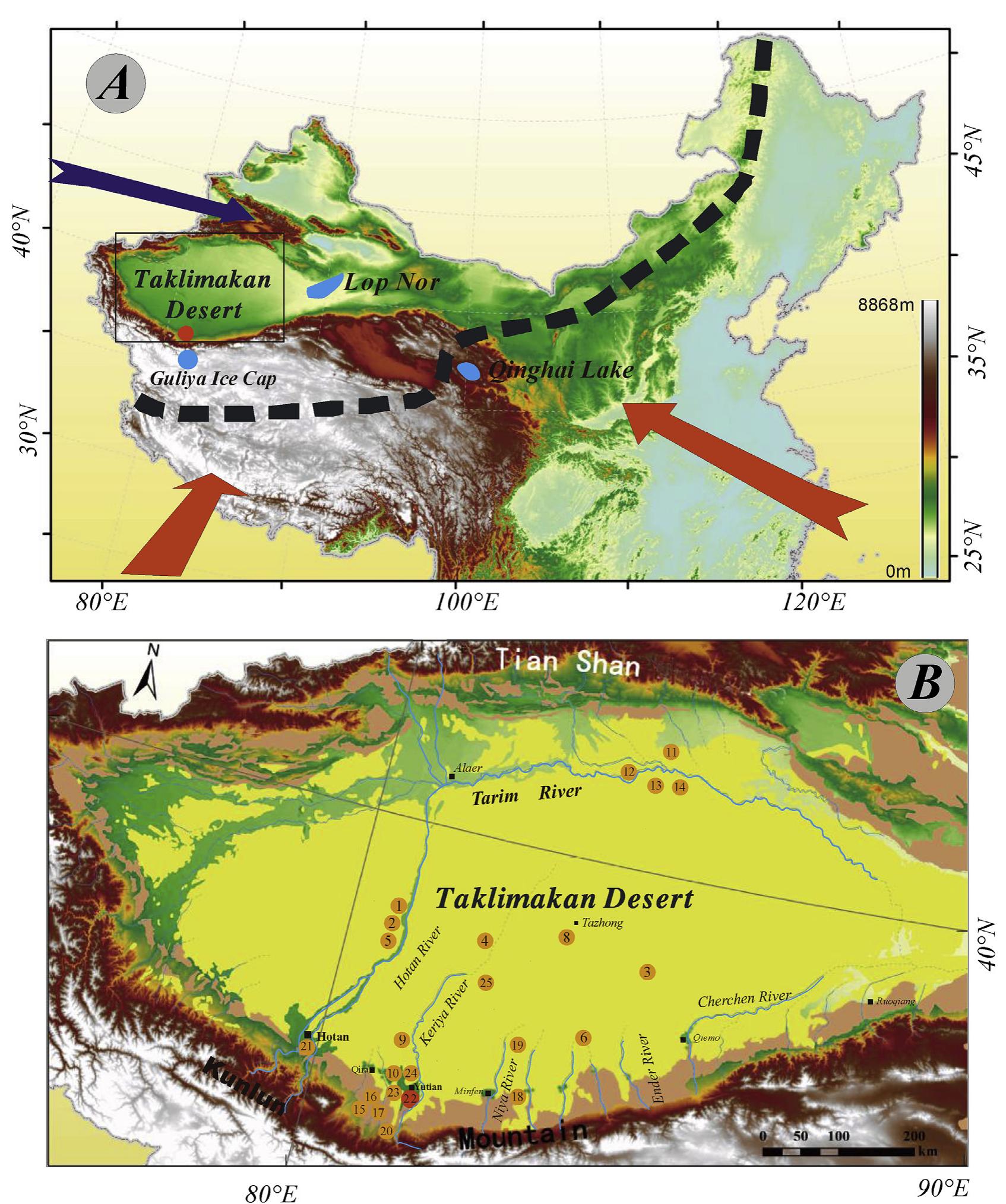 Map of the taklimakan (taklamakan) desert, western china.