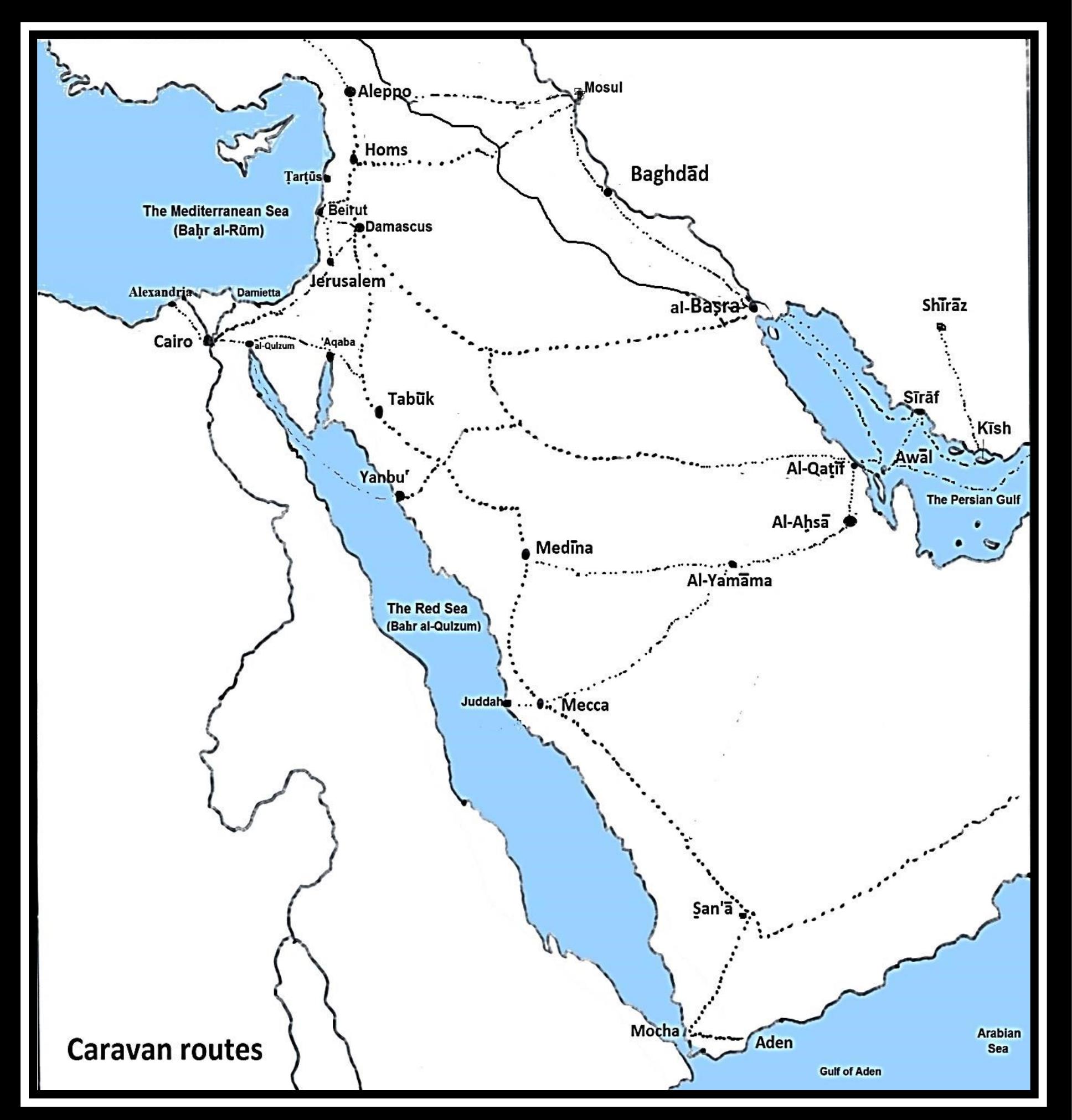 Map of caravan trade routes of arabia.