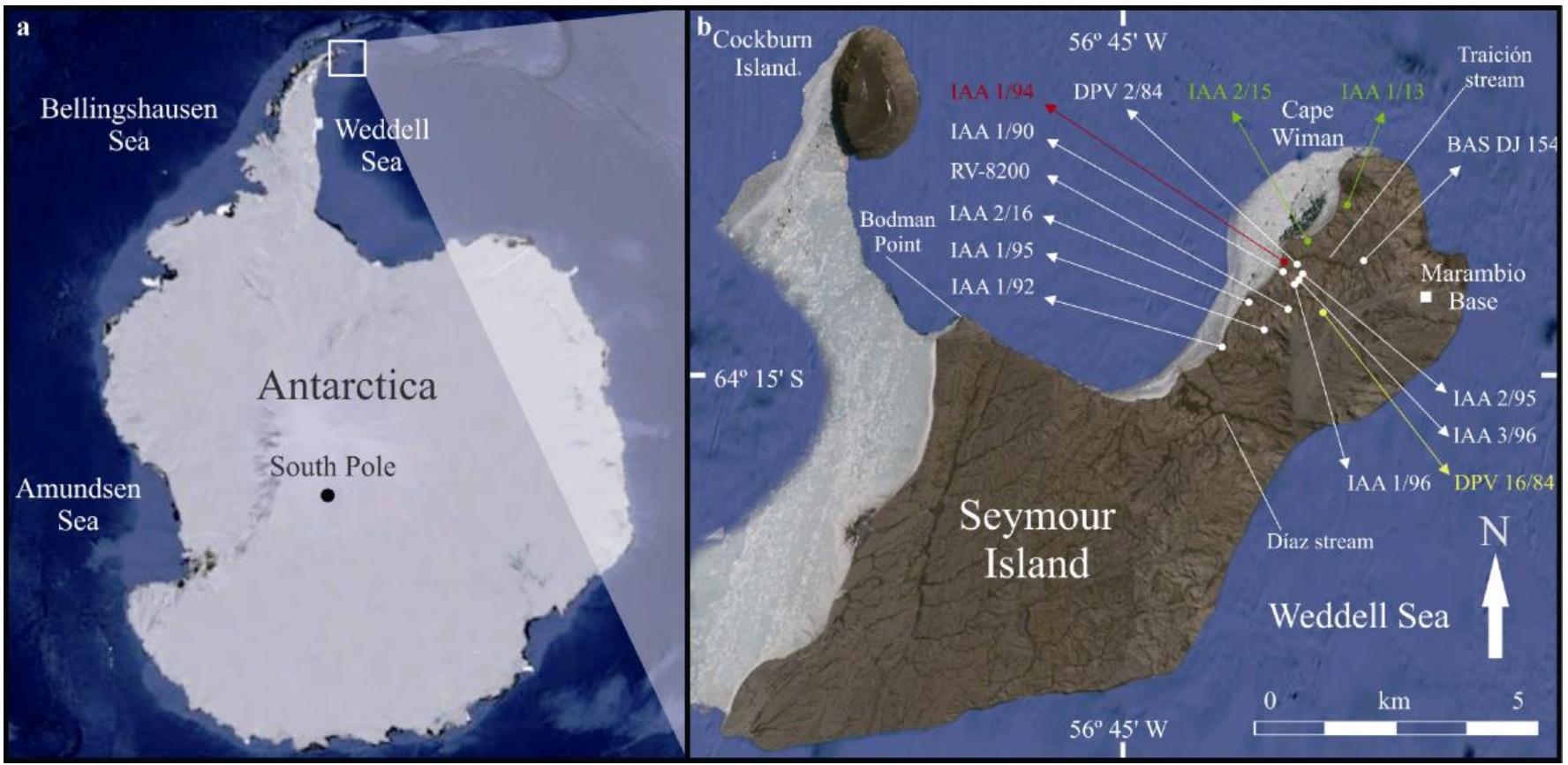 A, map of antarctica; b, location of fossil land mammals