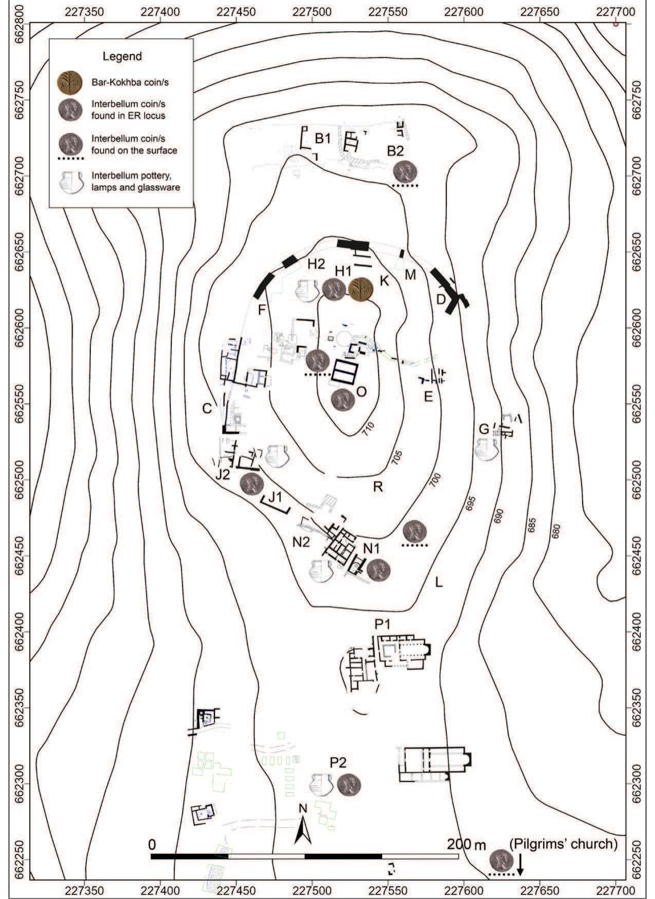 A map of tel shiloh depicting the excavation areas and the