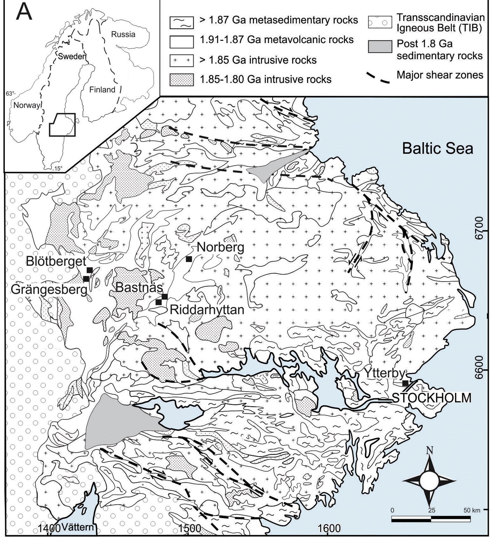 Simplified geological map of bergslagen, sweden, showing the