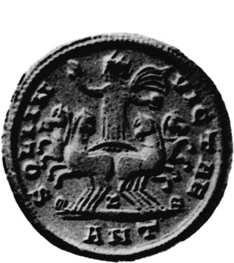 Follis, reverse; sol invictus in a frontal four- horse