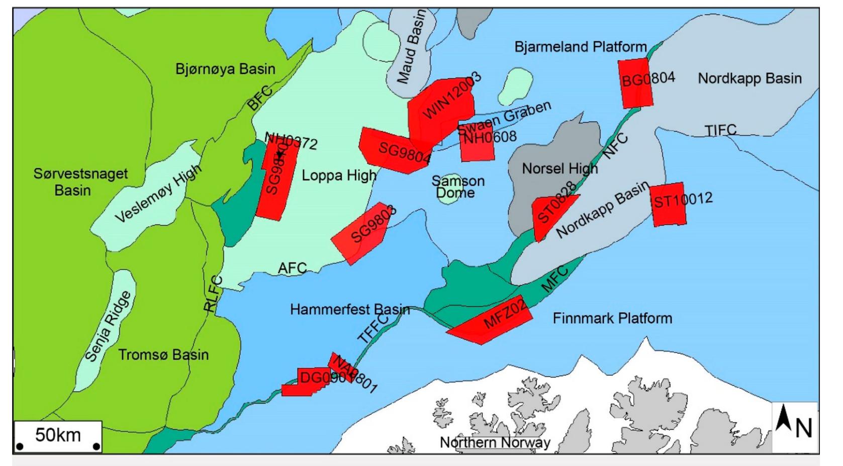 Map of the norwegian barents sea with main structural